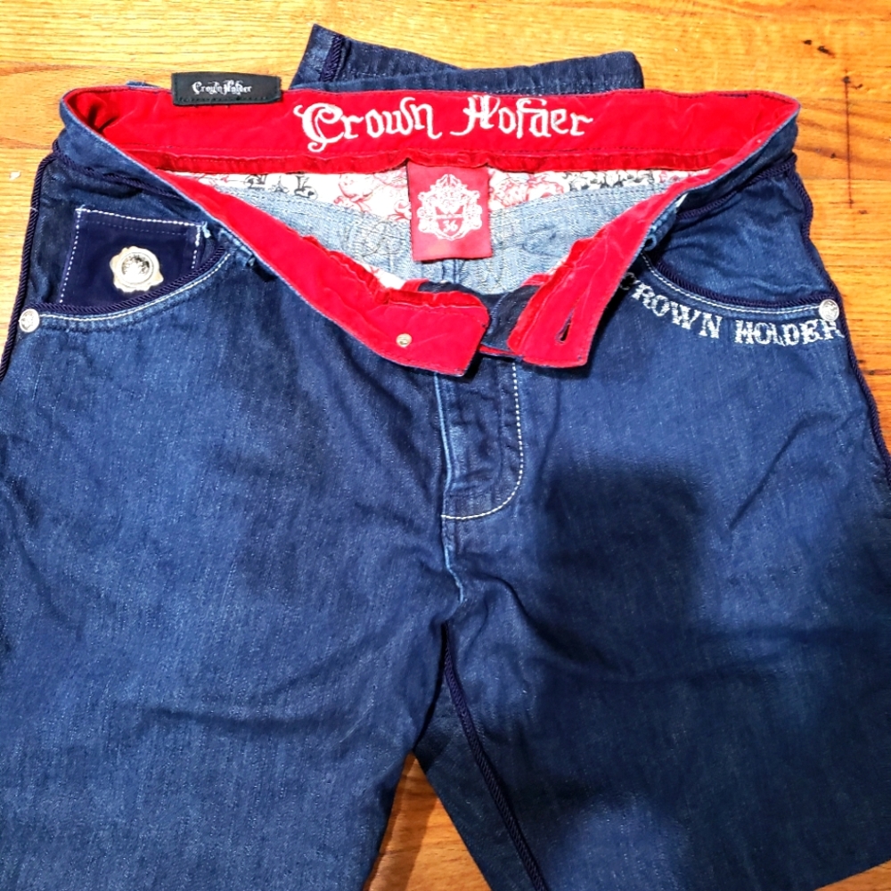 Crown Holder Embroidered Jean With Velvet Waistband - Gem